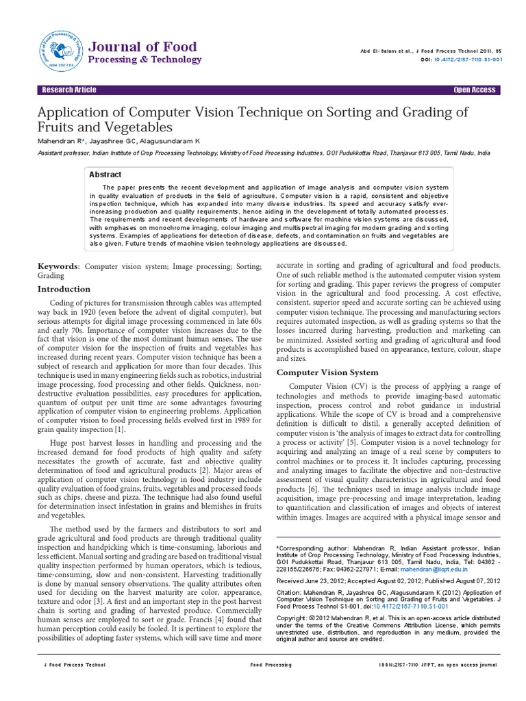 Application of Computer Vision Technique On Sorting and Grading of Fruits and Vegetables 2157 ...