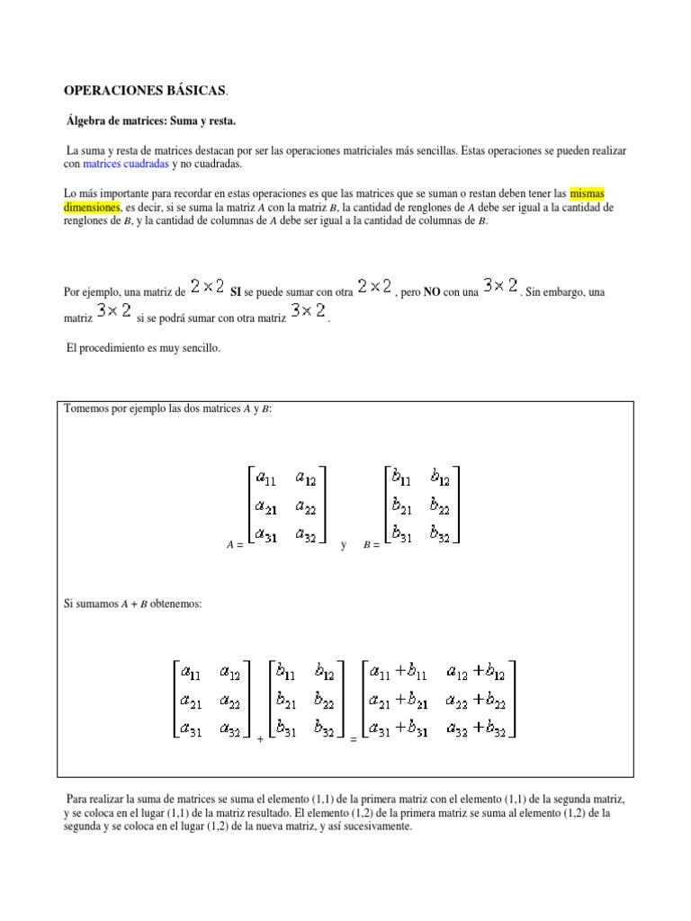 Operaciones Básicas Con Matrices | PDF | Matriz (Matemáticas) | Multiplicación