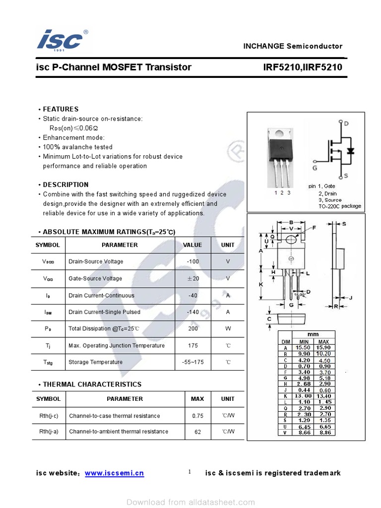 Isc P-Channel MOSFET Transistor IRF5210, IIRF5210: INCHANGE ...