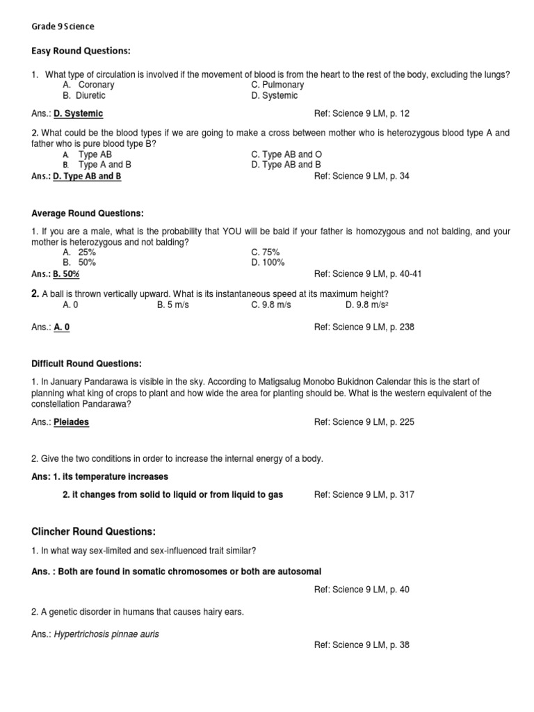 Science 9 Quiz Bee Questionnaire | PDF | Genetics | Medical Specialties