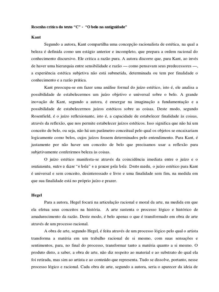 Resenha Critica Estética Kant e Hegel PDF | PDF | Immanuel Kant | Estética