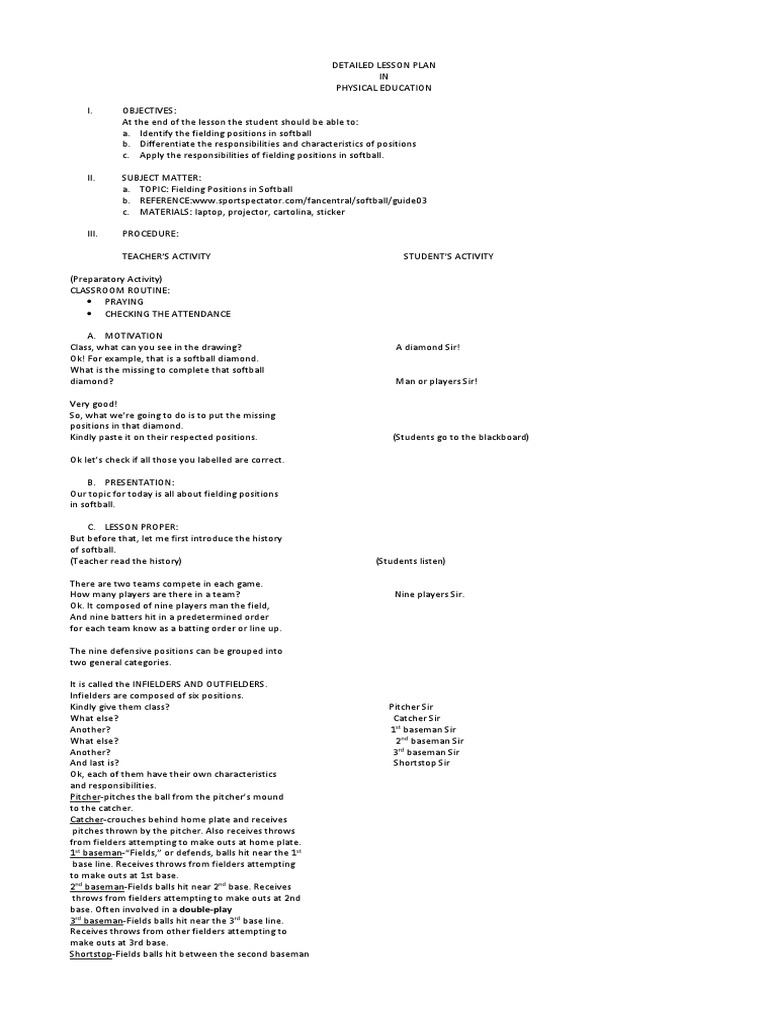 Detailed Lesson Plan in PE | PDF | Baseball Field | Softball