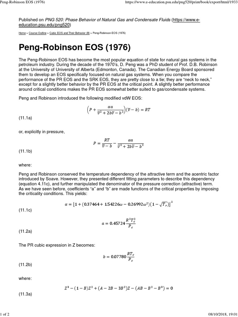 Peng-Robinson EOS (1976) : Home Course Outline Cubic EOS and Their ...