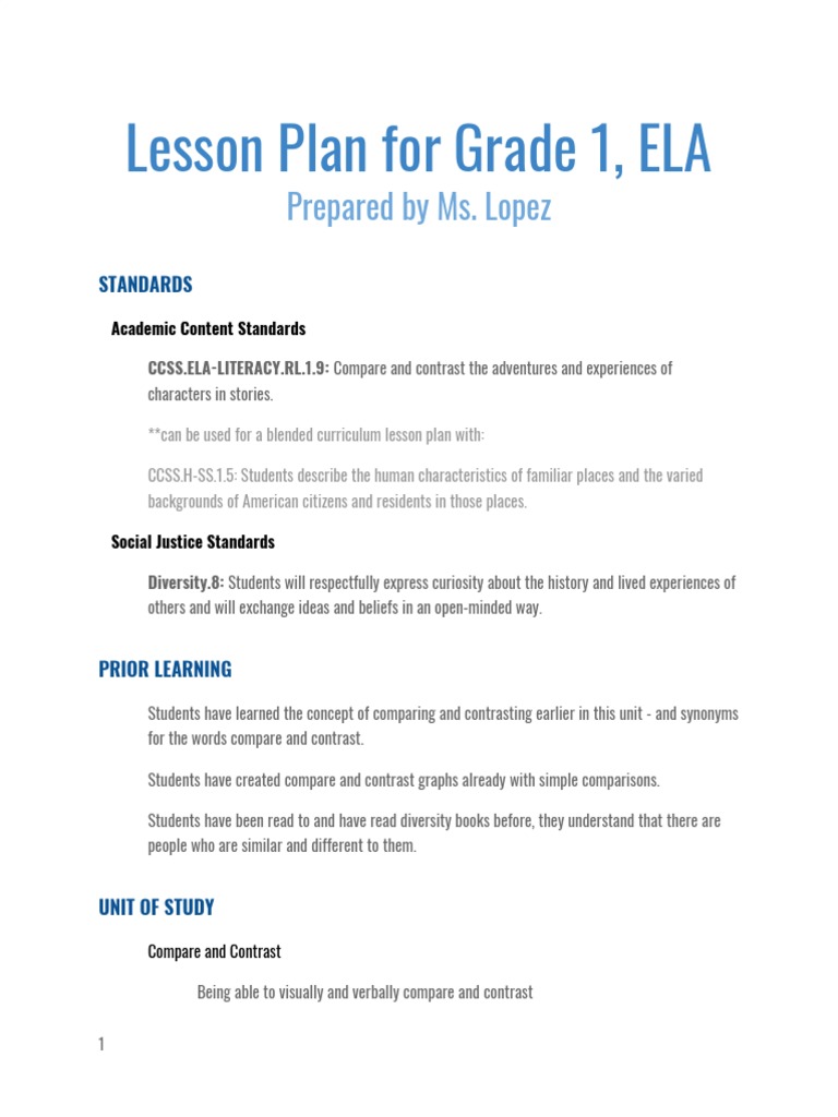 Lesson Plan For Grade 1, ELA: Prepared by Ms. Lopez | PDF | Reading ...