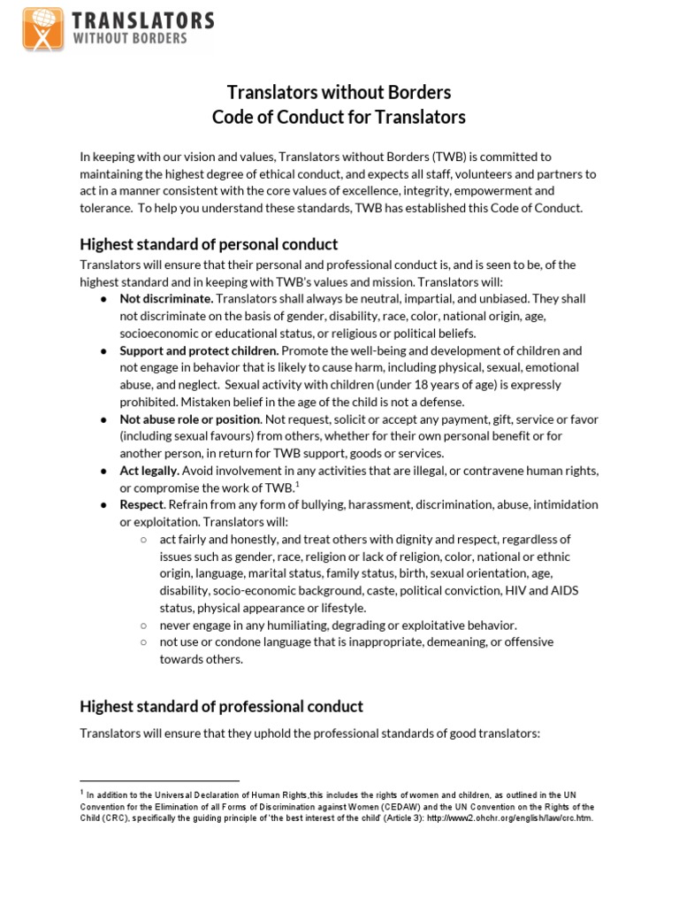 Translators without Borders Code of Conduct | PDF | Humanitarian Aid ...