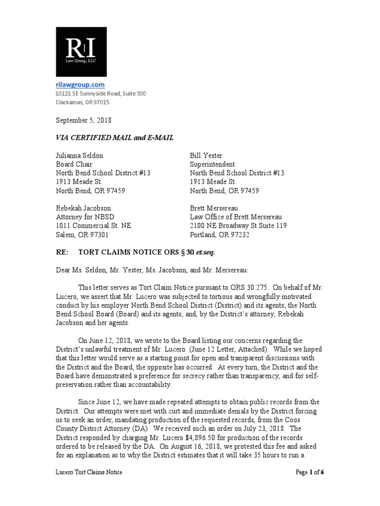 Tort Claim Notice Lucero RI Law Group | PDF | American Civil Liberties ...
