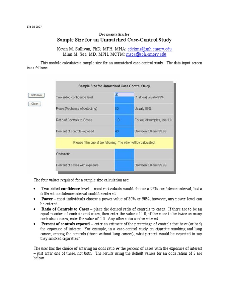 Sample Size For An Unmatched Case-Control Study: Kevin M. Sullivan, PHD ...