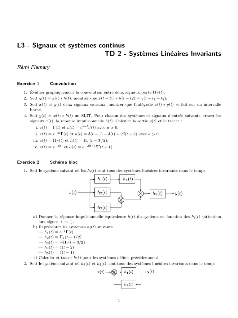 L3 - Signaux Et Systèmes Continus TD 2 - Systèmes Linéaires Invariants ...