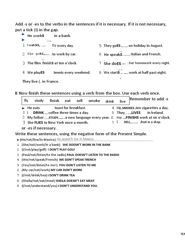 Verb conjugation exercise with answers | PDF | Lunch | Grammar