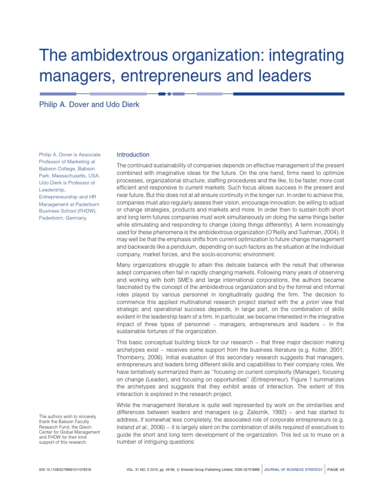 The ambidextrous organization: integrating managers, entrepreneurs and ...