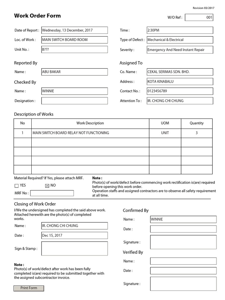 Contoh Form Work Order IMAGESEE