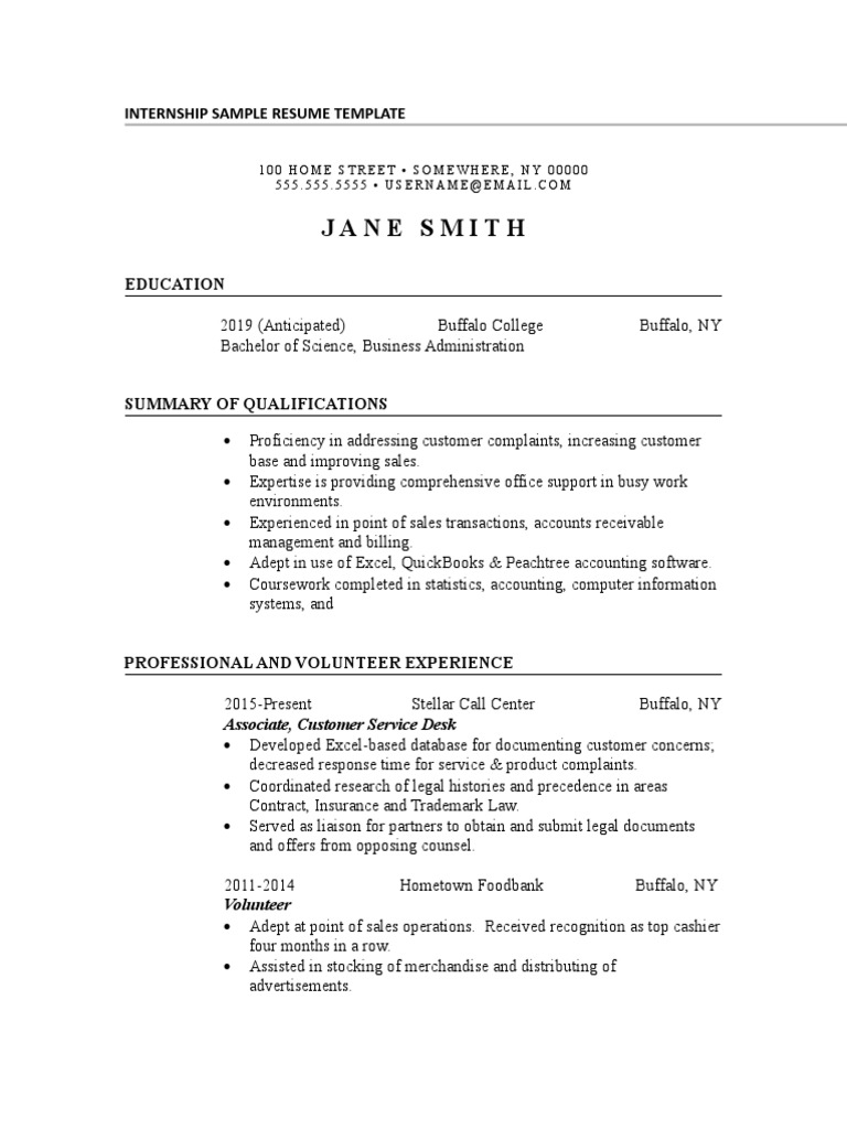 Jane Smith: Internship Sample Resume Template | PDF
