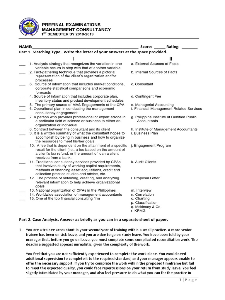Analysis of a Pre-Final Examination in Management Consultancy | PDF ...