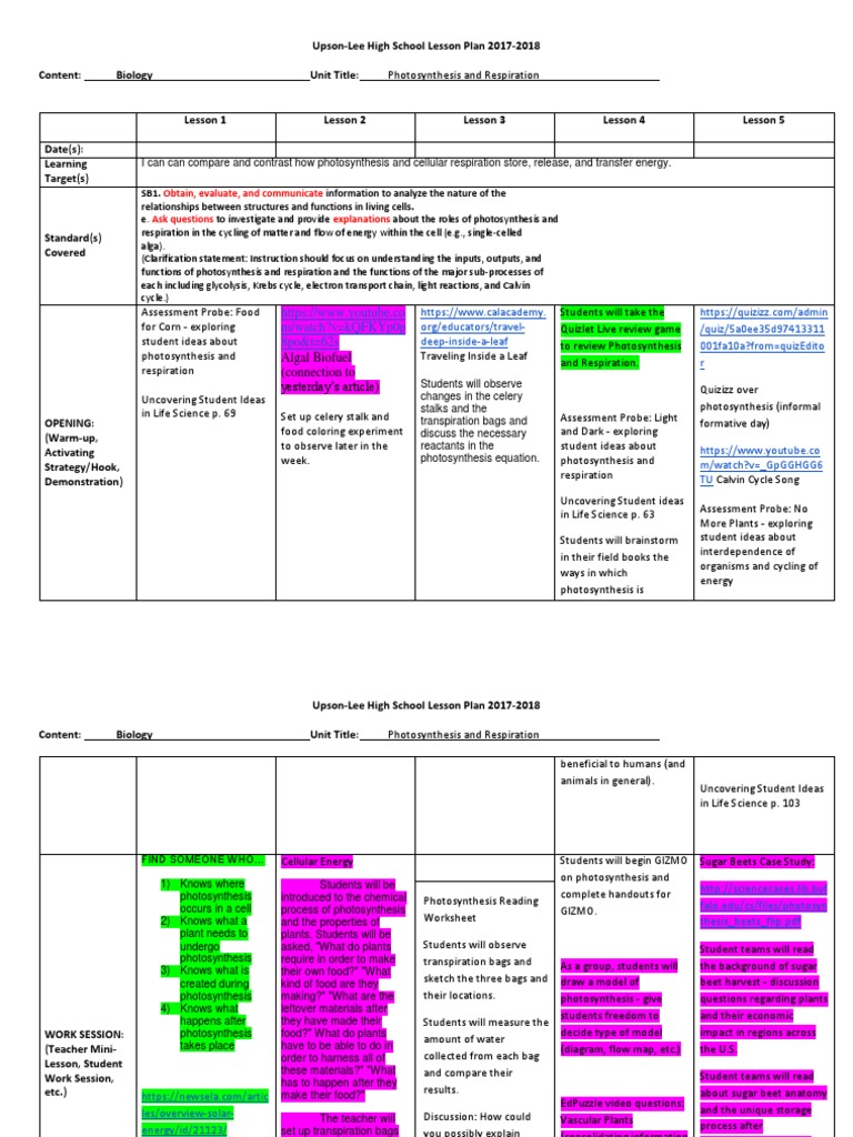 Upson-Lee High School Lesson Plan 2017-2018 Content: Biology Unit Title ...