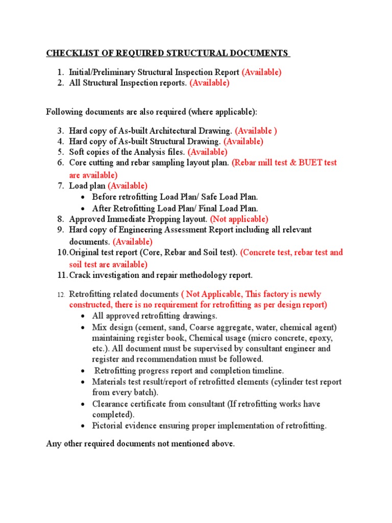 Structural Inspection Checklist For Factory | PDF