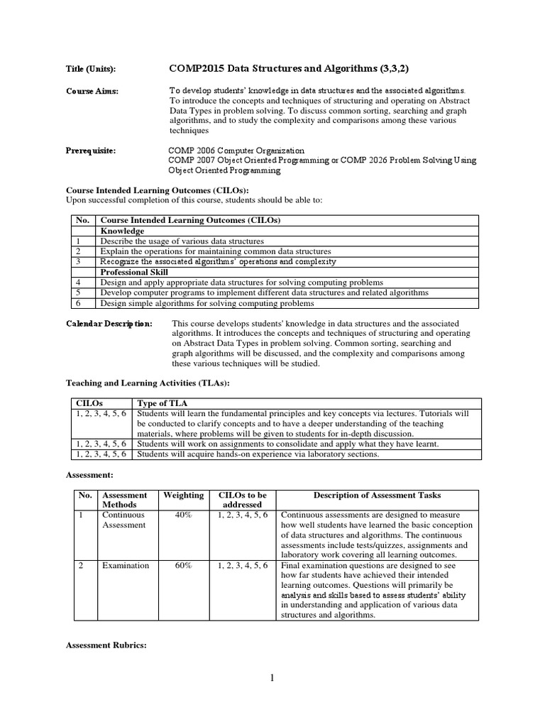 Data Structures And Algorithms Course Syllabus Pdf Algorithms Data Structure