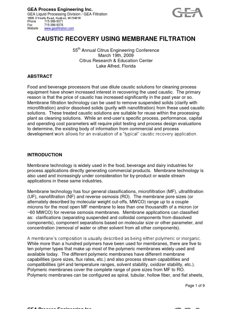 Caustic Recovery via Membrane Filtration | PDF | Membrane | Membrane ...