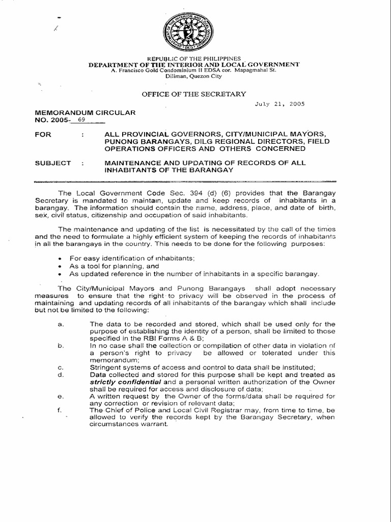 Maintenance and Updating of Records of All Inhabitants of The Barangay ...