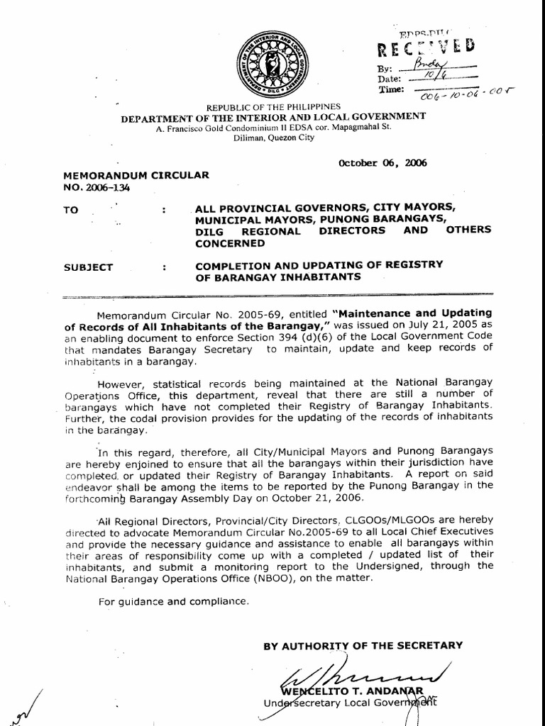 Completion and Updating of Registry of Barangay Inhabitants | PDF