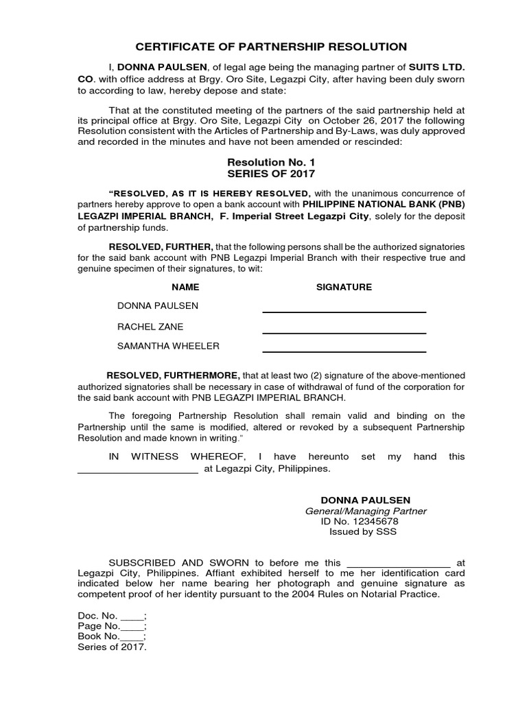 Certificate of Partnership Resolution-Sample | PDF | Legal Documents ...