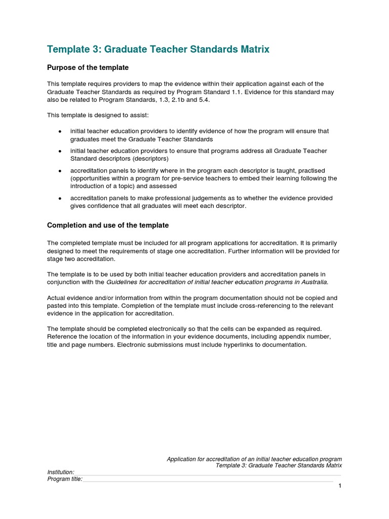 Template 3: Graduate Teacher Standards Matrix: Purpose of The Template ...