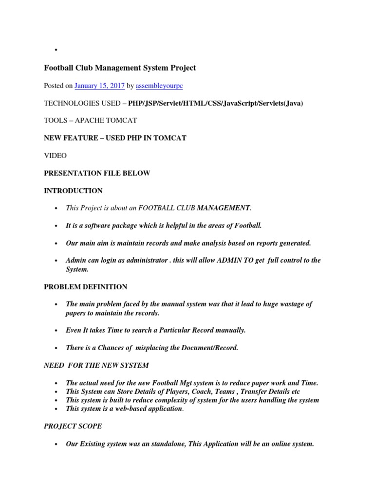 Football Club Management System Overview | PDF | Java Servlet ...