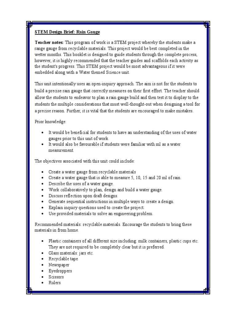 STEM Design Brief: Rain Gauge Teacher Notes: This Program of Work Is A ...
