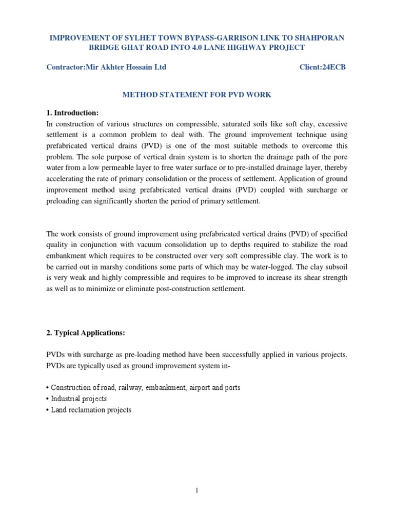 PVD Method Statement for Highway Project | PDF | Road | Drainage