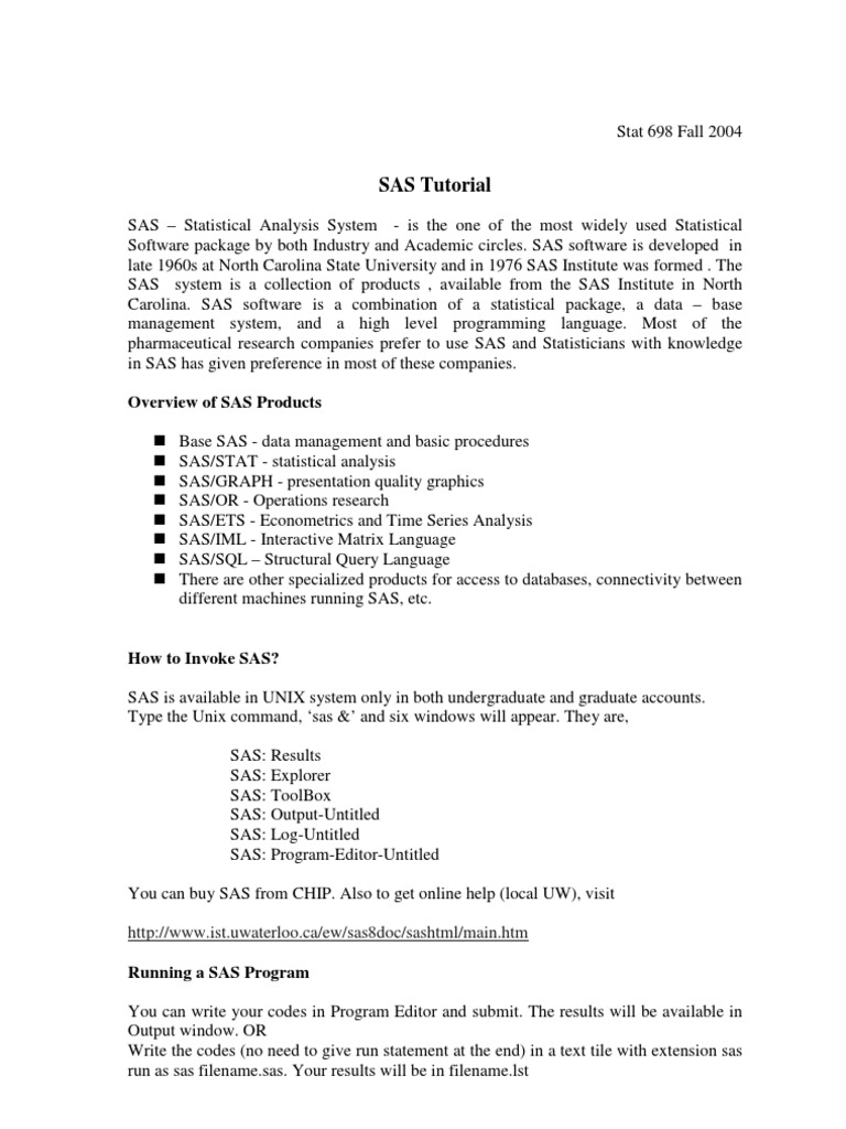 SAS Tutorial: Overview of SAS Products | PDF | Sas (Software ...