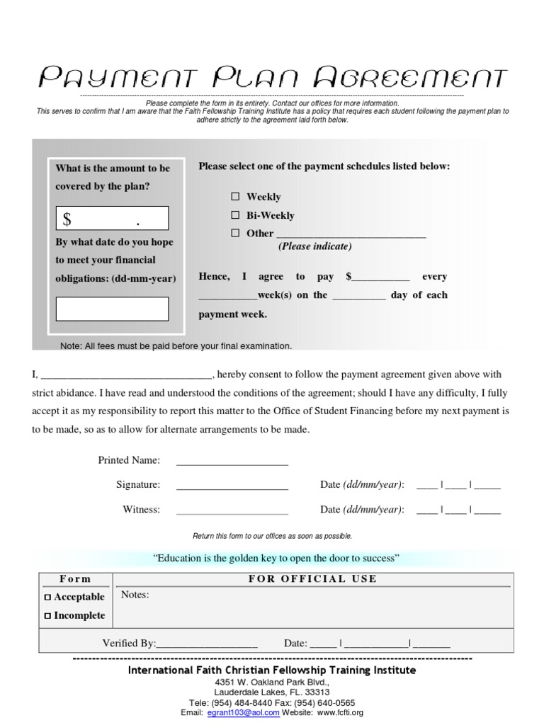 Payment Plan Agreement Form Template | PDF | Government | Business