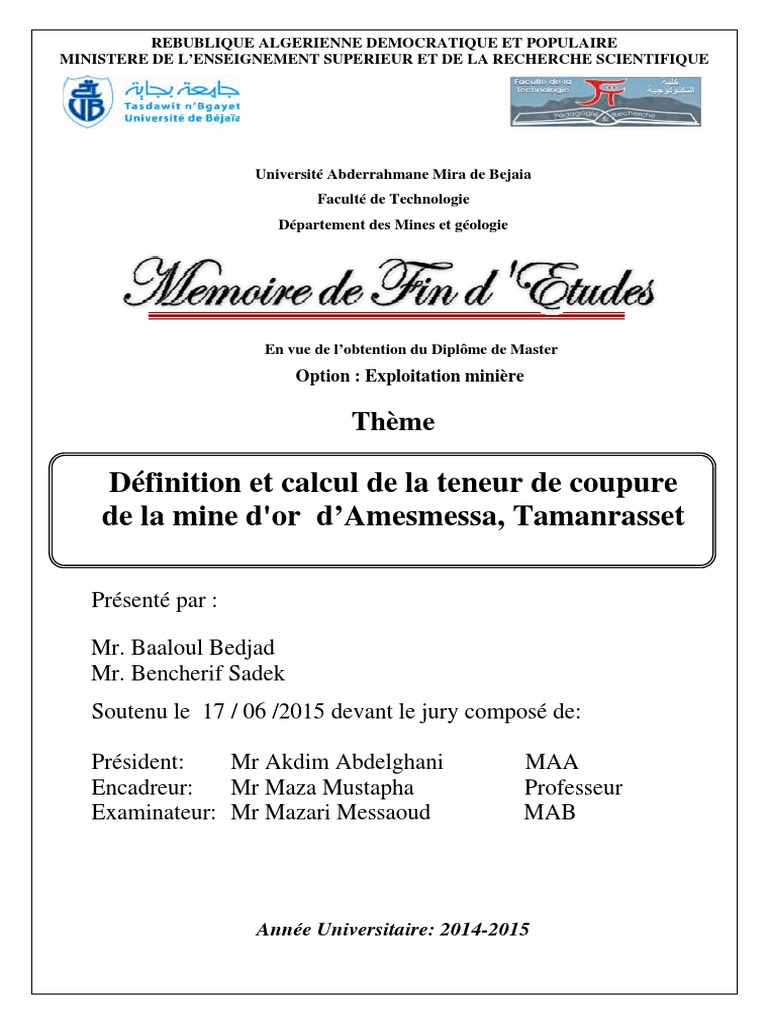 Memoire de Fin D'etude MST, Mine, Algerie | PDF | Or | Exploitation minière