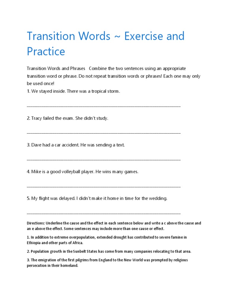 Transition Words Exercise and Practice | PDF