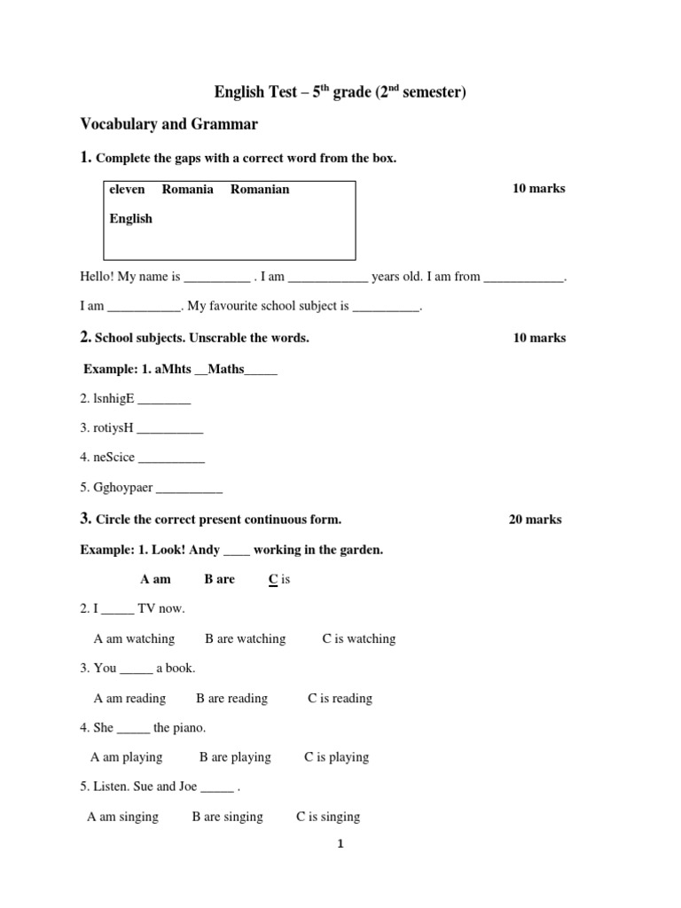 5th Grade English Test: 2nd Semester | PDF | English Language | Onomastics