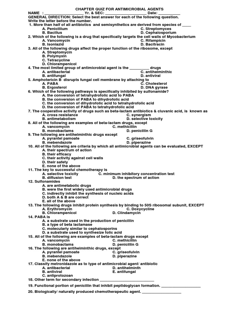 Chapter Quiz For Antimicrobial Agents | PDF | Antimicrobial | Antibiotics