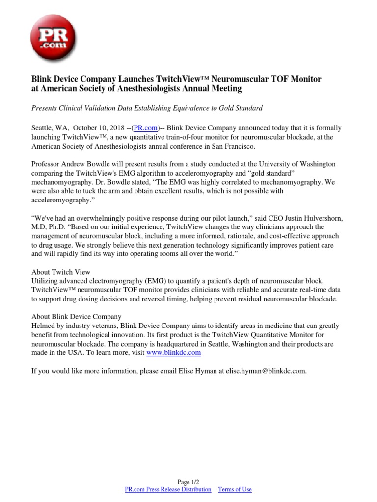 Blink Device Company Launches TwitchView™ Neuromuscular TOF Monitor at ...