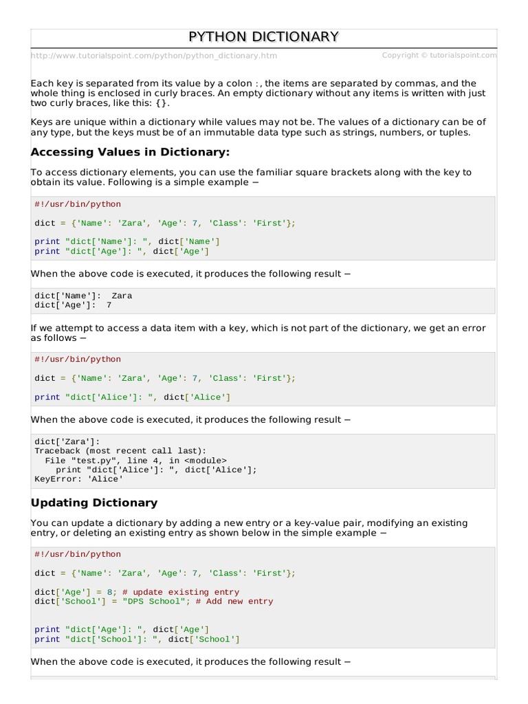 Python Dictionary PDF | Download Free PDF | Bracket | Python (Programming Language)