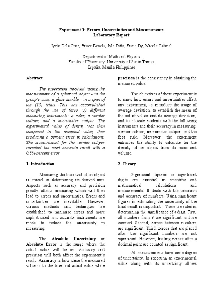 Experiment 1 - PHYS 201 | PDF | Accuracy And Precision | Observational Error