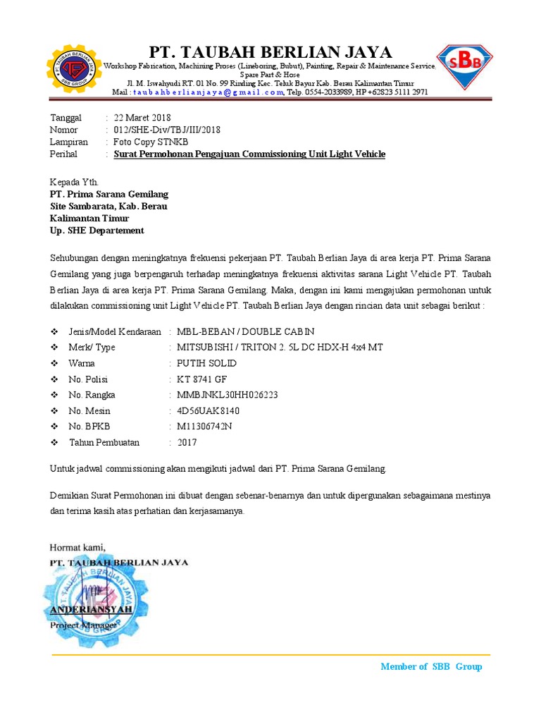 Surat Permohonan Pengajuan Commissioning Unit Light Vehicle PT. Taubah ...