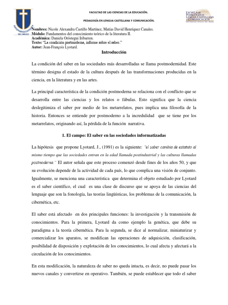 La Condición Postmoderna Lyotard. | PDF | Jean François Lyotard | Science