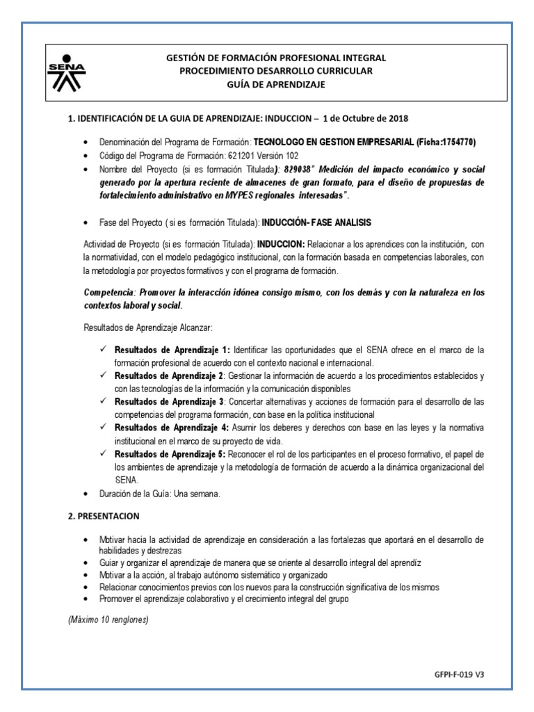 2018 Inducción GFPI-F-019 Formato Guia de Aprendizaje Version 3 | PDF | Evaluación | Aprendizaje