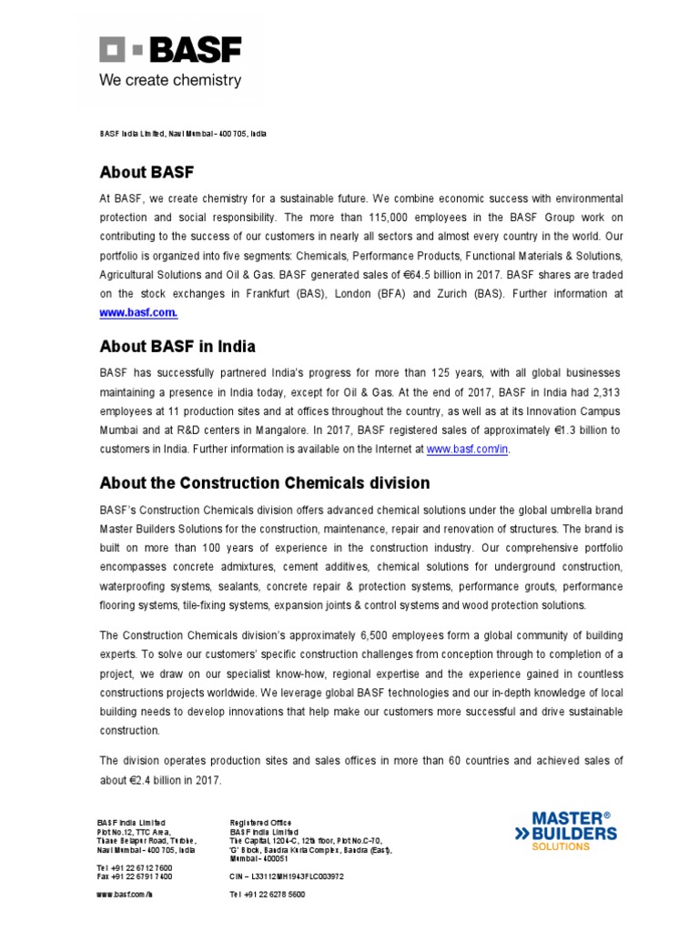 BASF Company Profile 2018 | PDF | Mumbai | Concrete