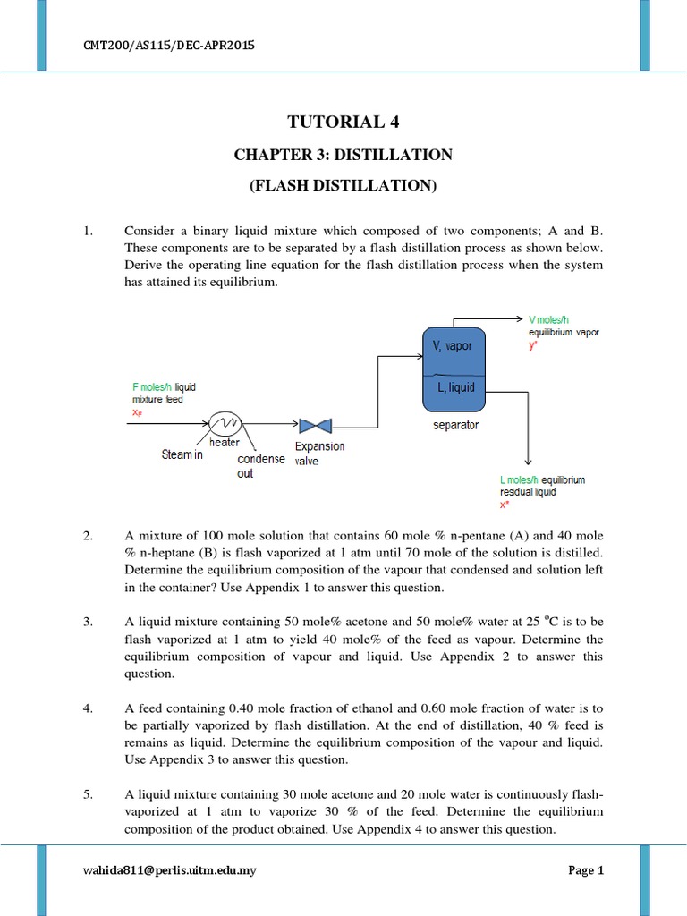Tutorial 4: Chapter 3: Distillation (Flash Distillation) | PDF | Vapor | Distillation