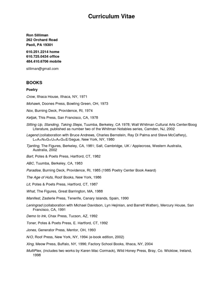 Ron Silliman CV 2010 | PDF | English Poetry | American Poetry