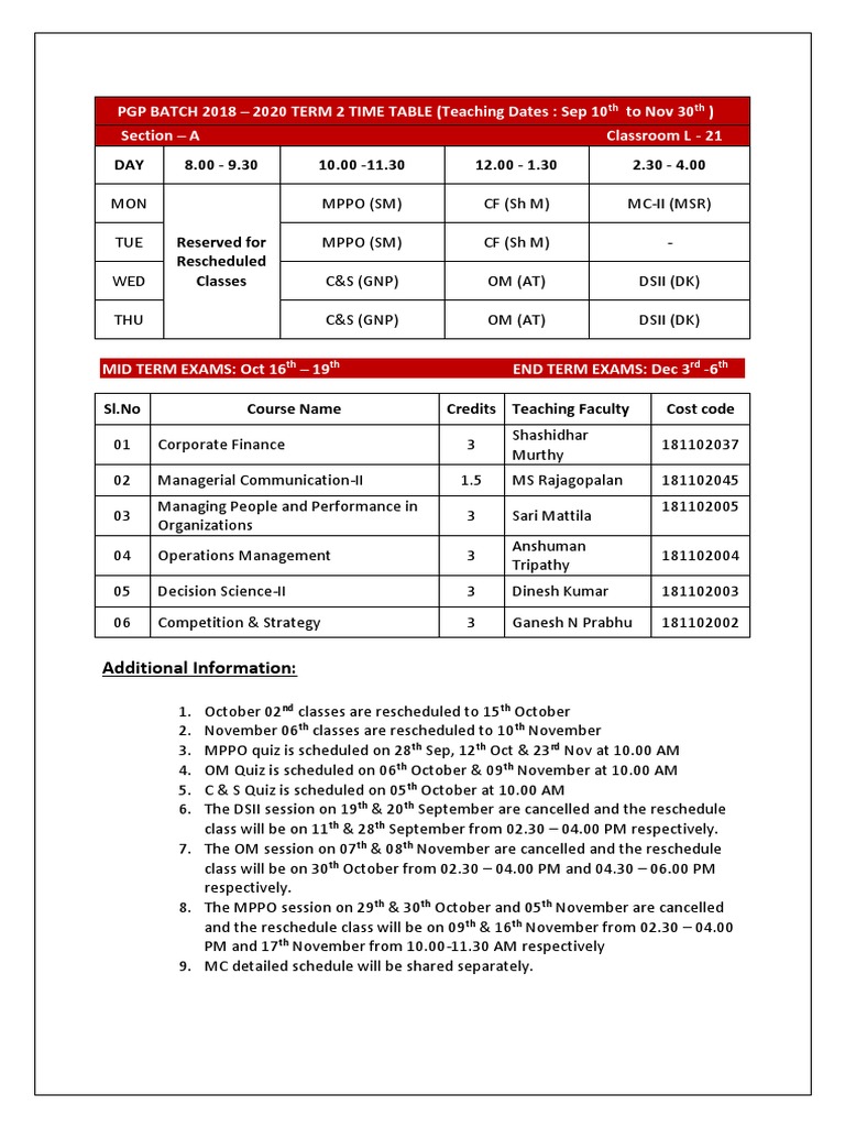 PGP 2018-2020 Term 2 Time Table | PDF