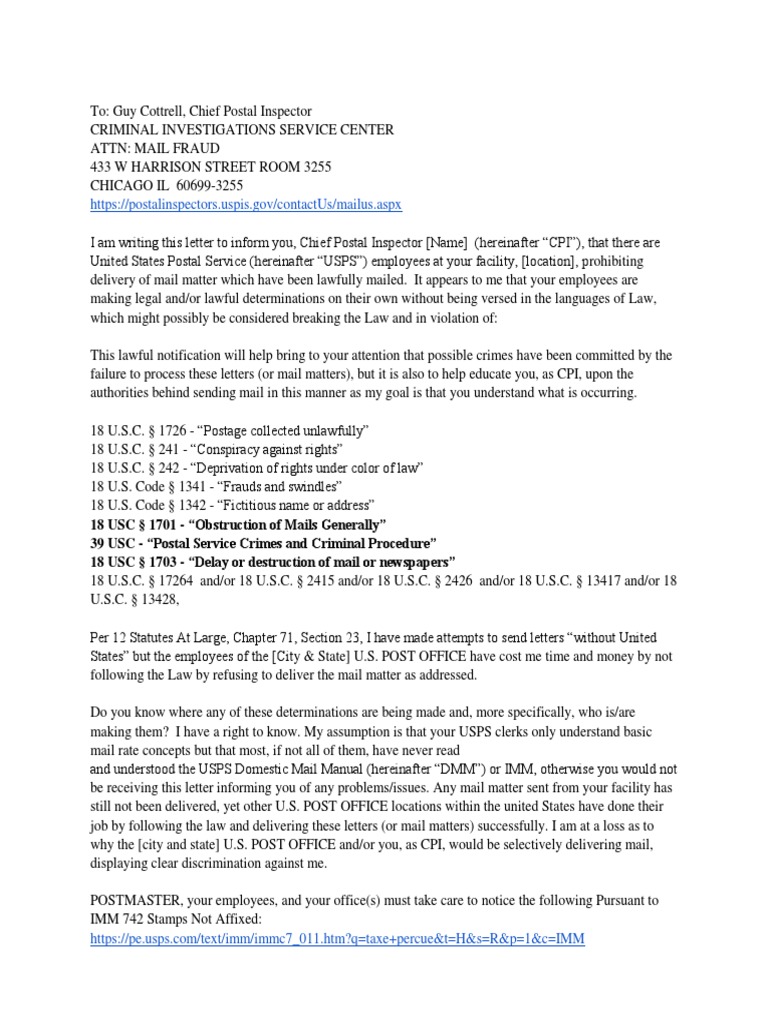 Letter To Postmaster | PDF | United States Postal Service | Mail