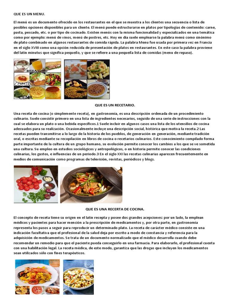 Definición y significado de menú | PDF | Receta | Menú