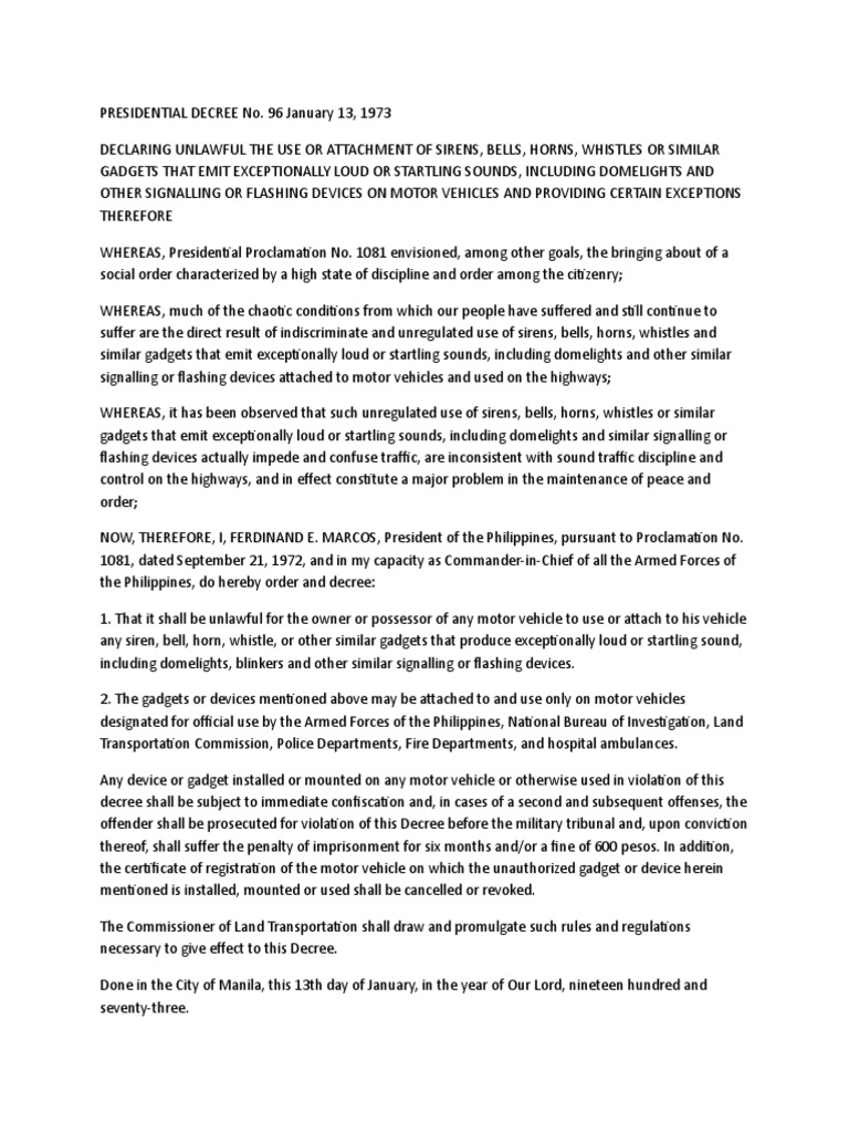 PD 96 | PDF | Decree | President Of The Philippines