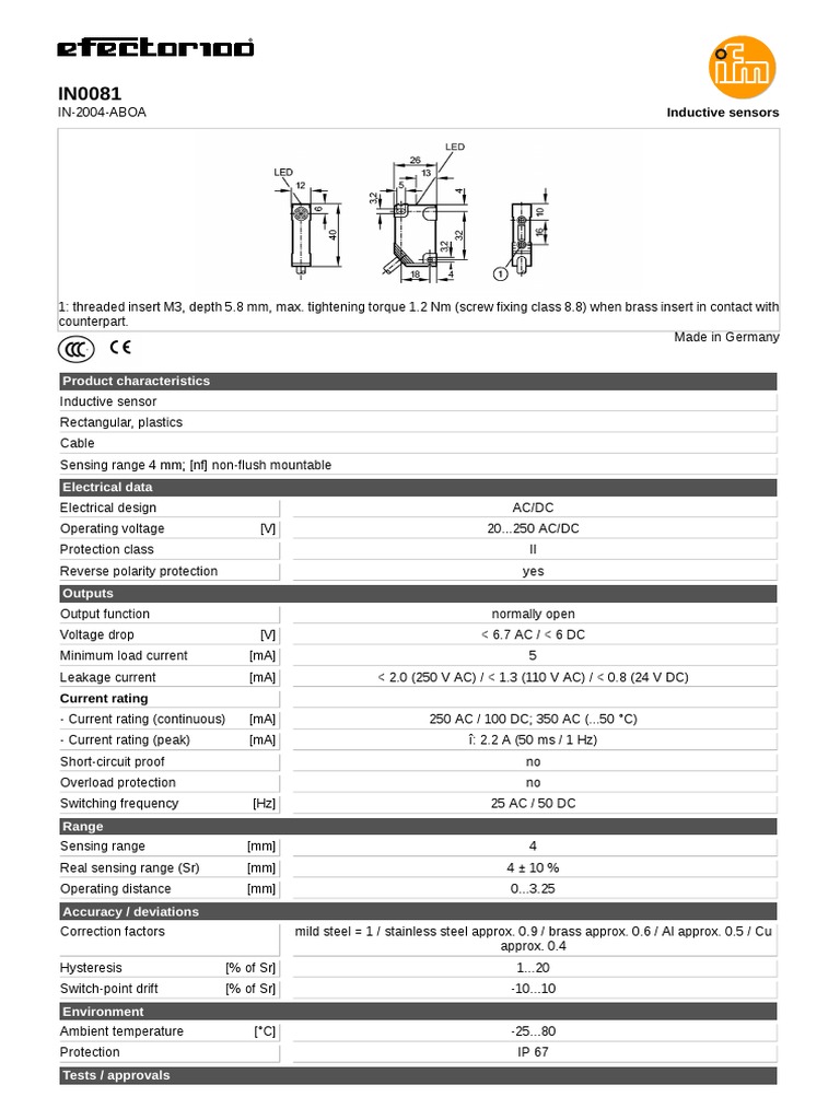 Inductive Sensor IN0081 Specifications | PDF | Alternating Current ...