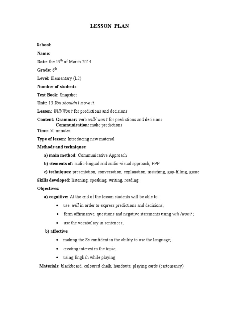 Lesson Plan: Content: Grammar: Verb Will/ Won't For Predictions and Decisions | PDF | Human ...
