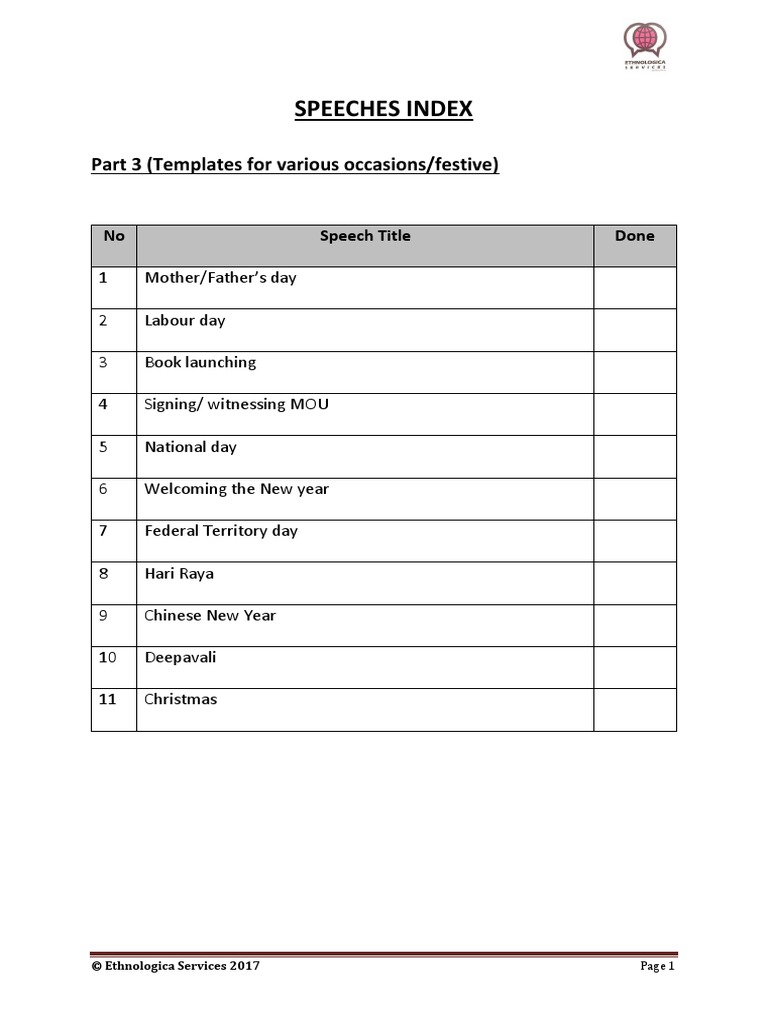 Speeches Index: Part 3 (Templates For Various Occasions/festive) | PDF